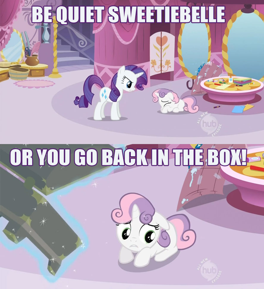#137776 - safe, rarity, sweetie belle, angry, box, comic, ears back ...