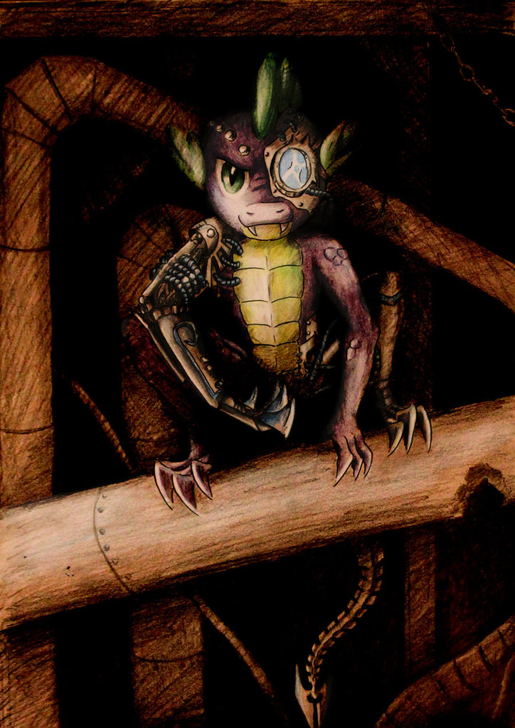 #156464 - safe, artist:zryu, spike, cyborg, male, solo, steampunk ...