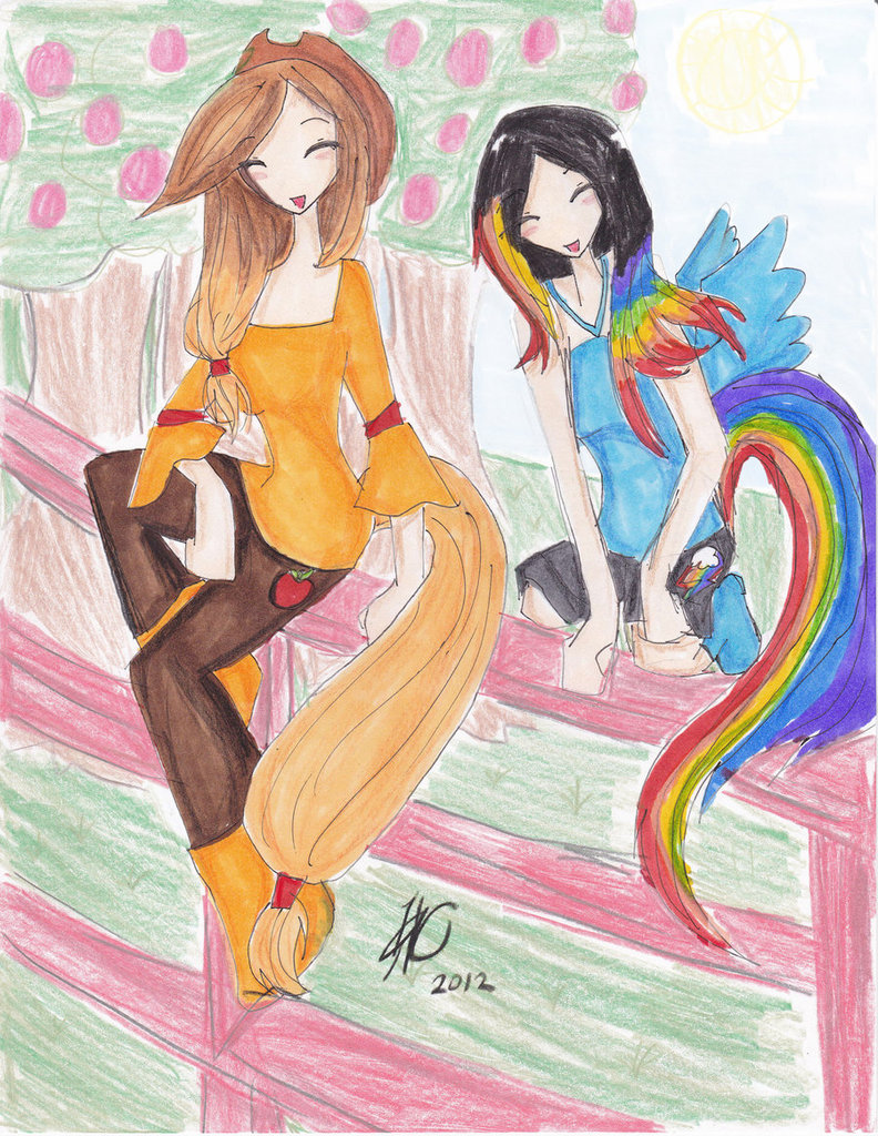 #164068 - safe, artist:mysteriousjewl, applejack, rainbow dash, human ...