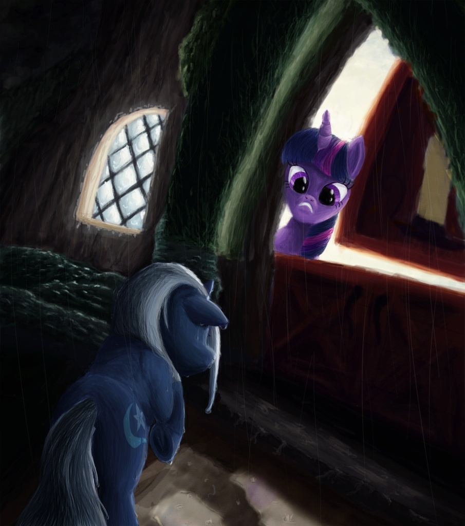 #141332 - safe, artist:fox-moonglow, trixie, twilight sparkle, g4, rain, wet mane - Derpibooru