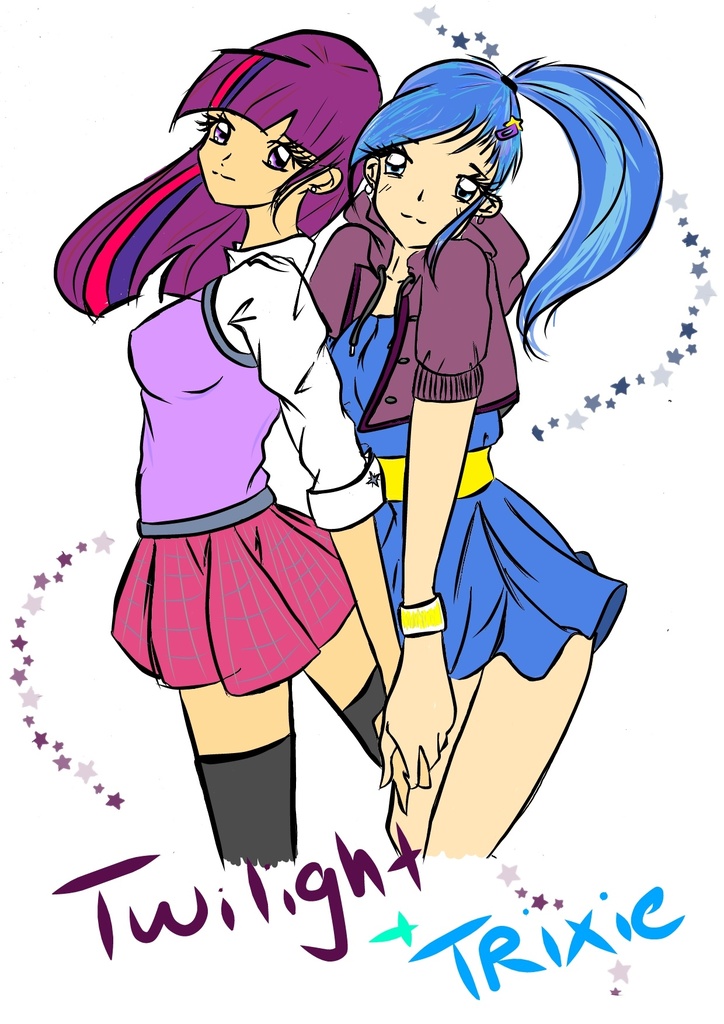 #8912 - safe, artist:pixel-chick, trixie, twilight sparkle, human, g4 ...