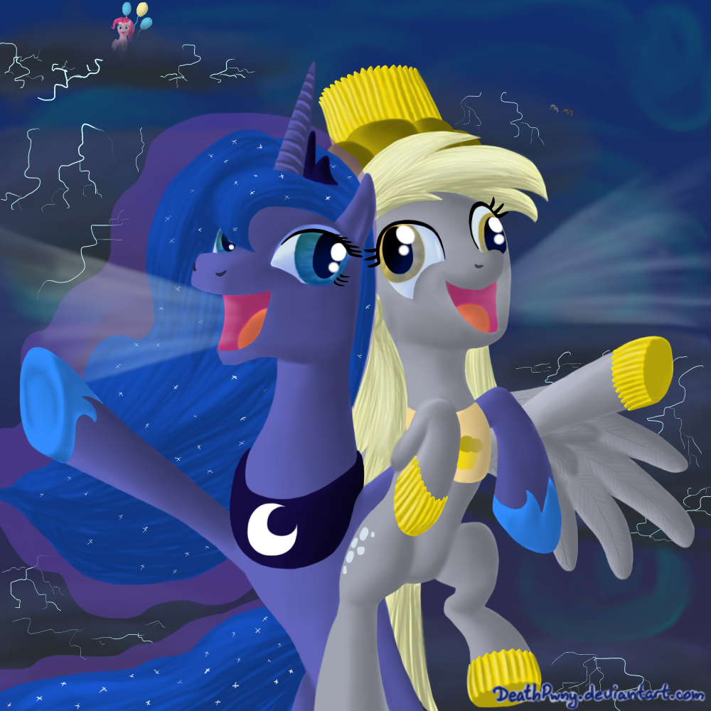 #15799 - safe, artist:deathpwny, derpy hooves, pinkie pie, princess luna, alicorn, pegasus, pony ...