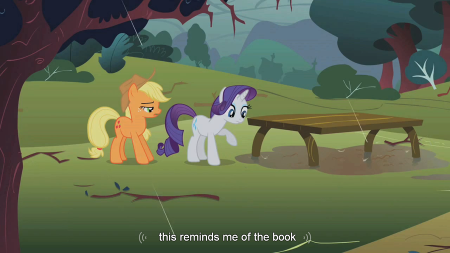 #38874 - safe, screencap, applejack, rarity, table, youtube caption ...