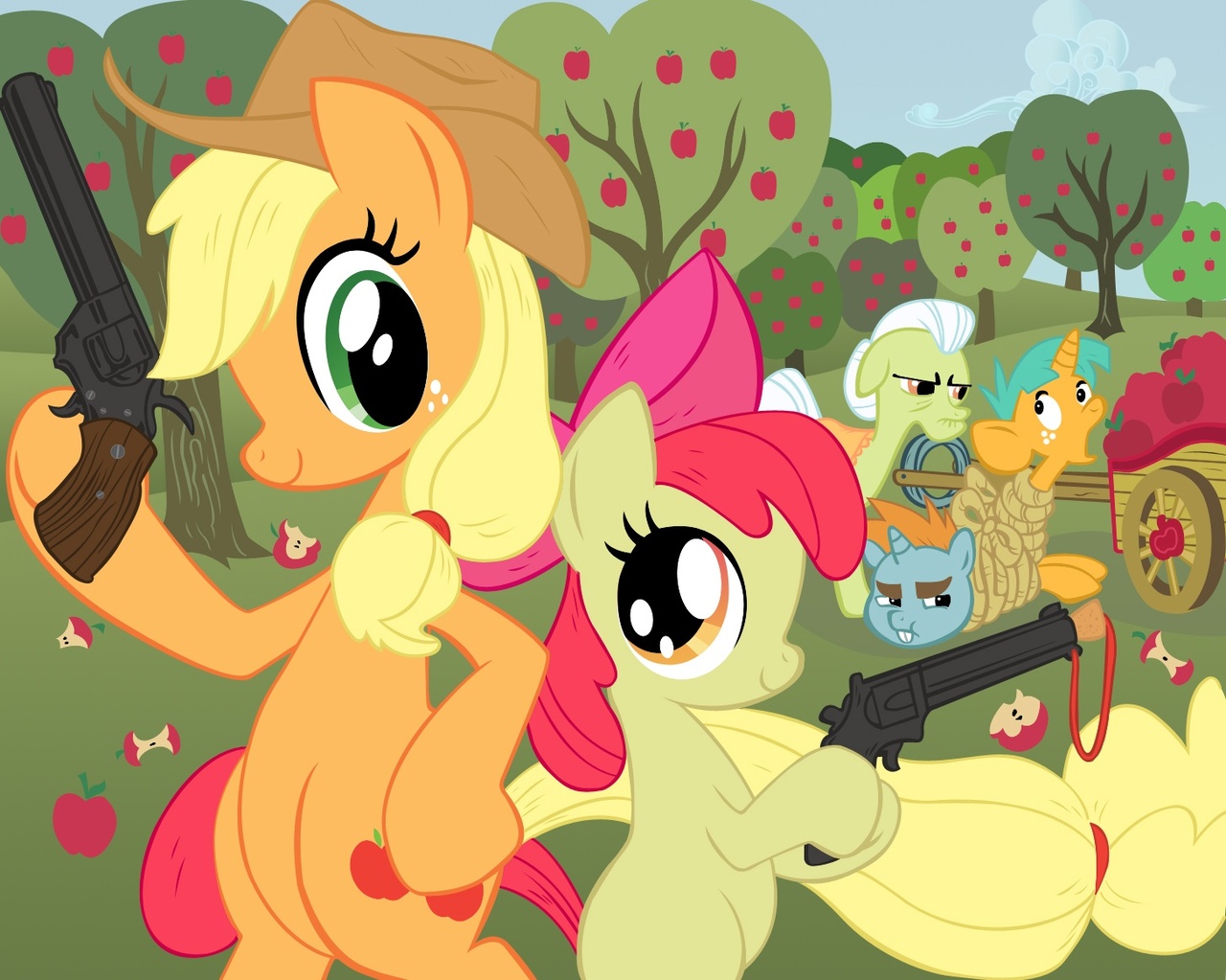 #43045 - safe, artist:da-gunman, artist:lumdrop, apple bloom, applejack, granny smith, snails ...