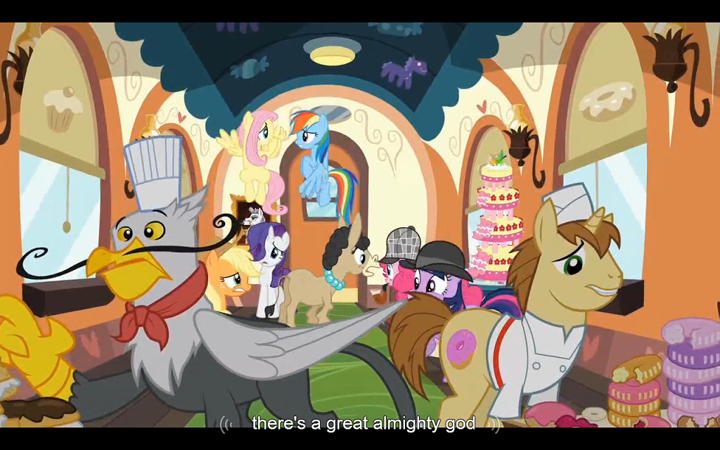 #44446 - safe, edit, edited screencap, screencap, applejack, donut joe, fluttershy, gustave le ...