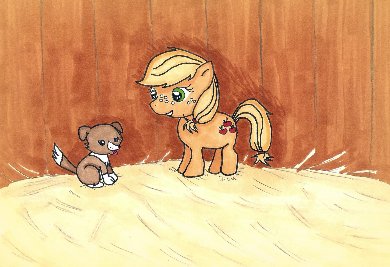 #73813 - safe, artist:chiuuchiuu, applejack, winona, dog, 2011 ...