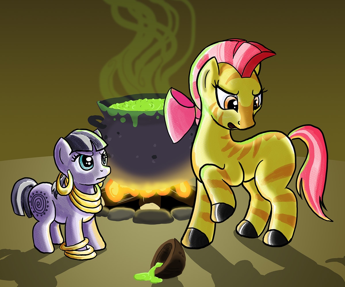 #79612 - safe, artist:muffinshire, apple bloom, zecora, earth pony, pony, zebra, age progression ...