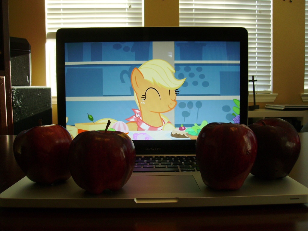 #66333 - safe, applejack, pony, ^^, apple, computer, eyes closed ...