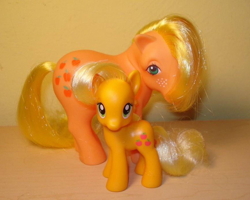 #96349 - safe, applejack, applejack (g1), g1, g4, irl, photo, toy ...