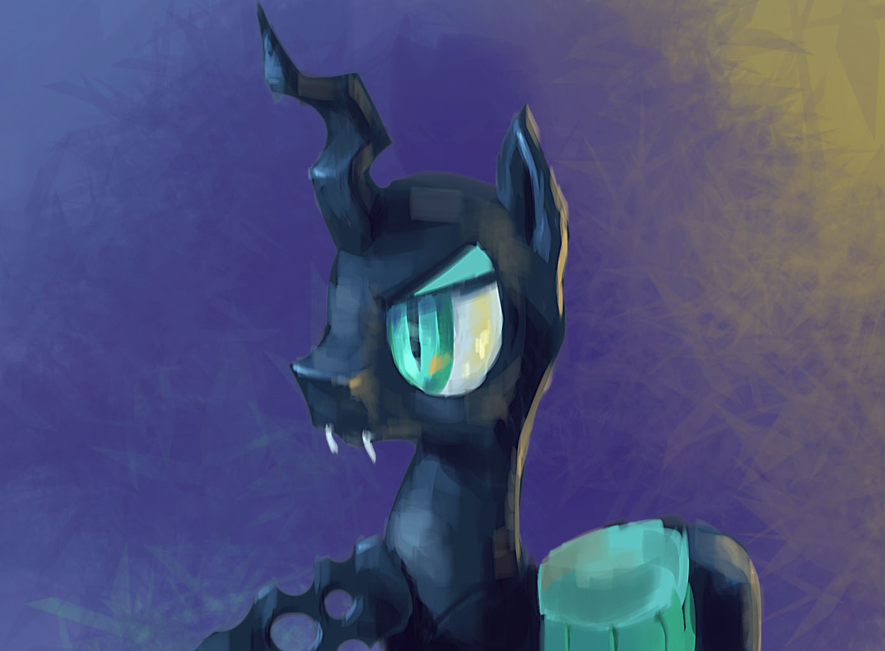 #107709 - safe, artist:ruffu, changeling, bald, hoof on chest, side ...