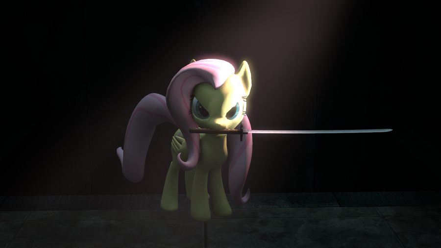 #226248 - safe, artist:alonguy, fluttershy, 3d, katana, source ...