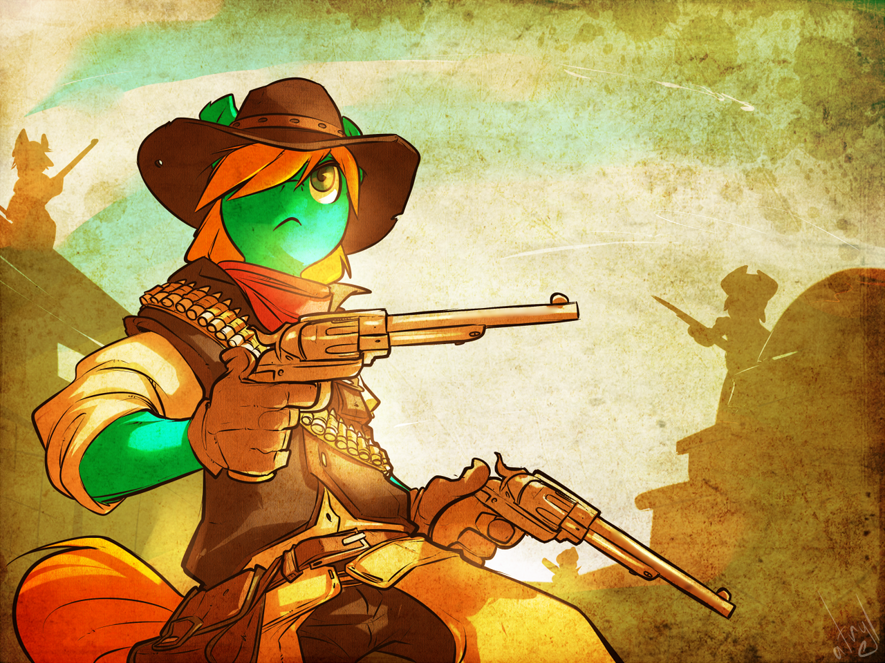 #440389 - safe, artist:atryl, oc, oc only, anthro, dual wield, gun, no ...