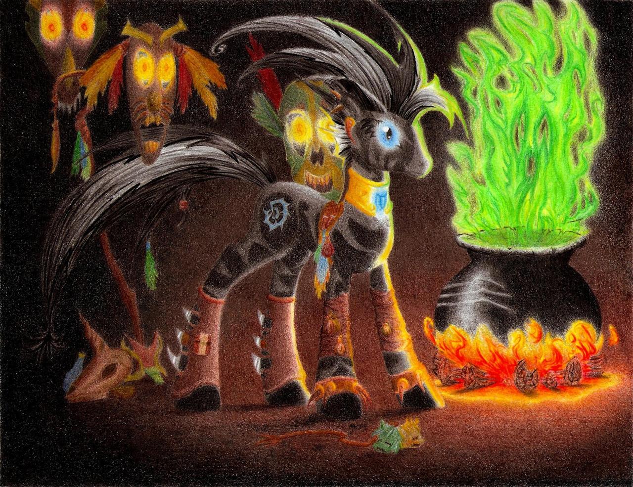 #459874 - safe, artist:philo5, zecora, zebra, cauldron, female, fire ...