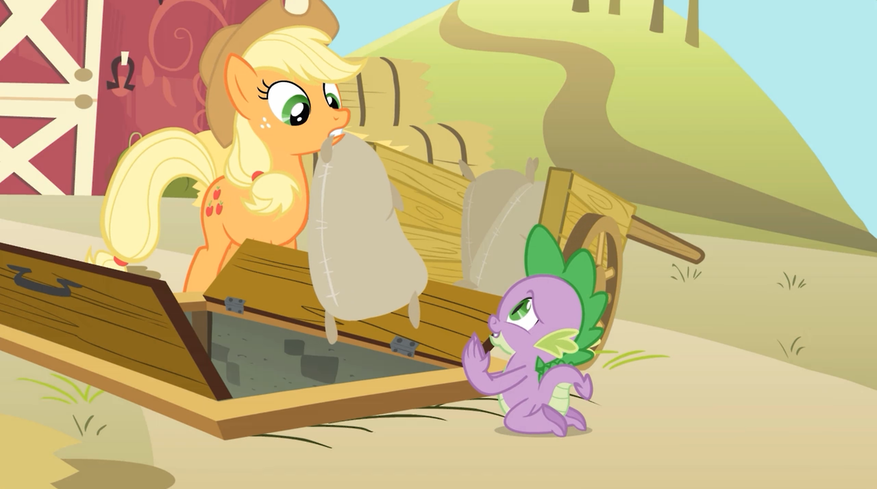 #472285 - safe, applejack, spike, g4, cart, sack - Derpibooru