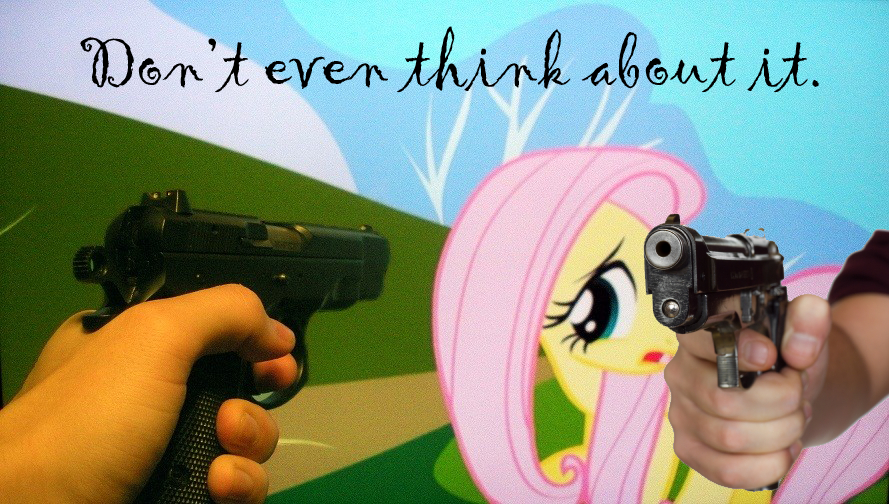 #496076 - safe, fluttershy, g4, edgy, frown, gun, handgun, internet ...