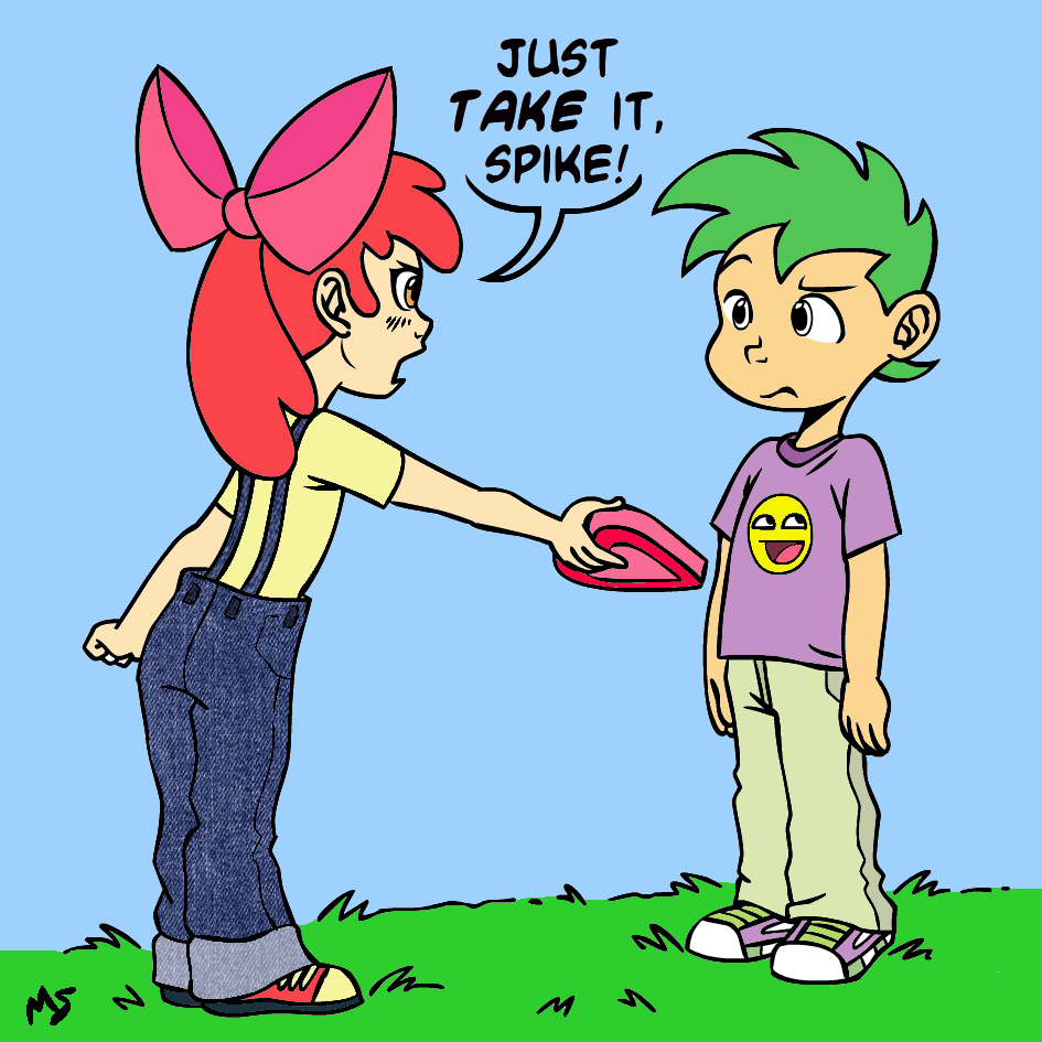 #253819 - safe, artist:megasweet, apple bloom, spike, human, g4 ...