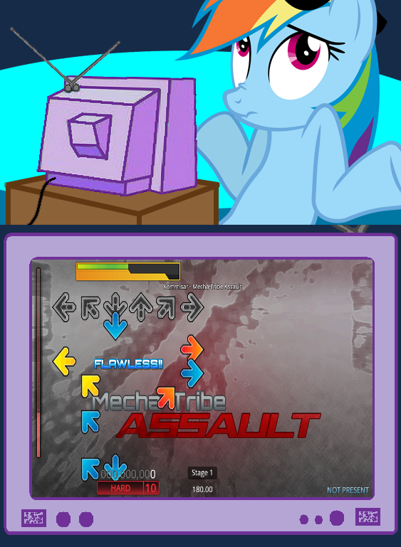 #337285 - safe, rainbow dash, exploitable meme, shrug, stepmania, tv ...