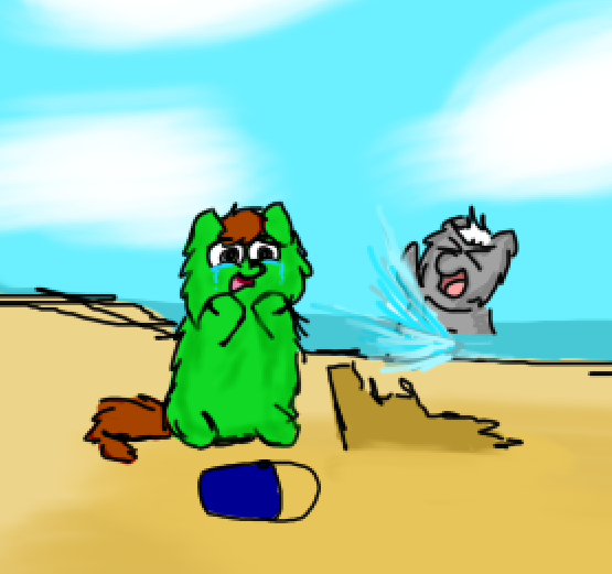 #316908 - safe, artist:aichi, fluffy pony, beach, crying, sandcastle ...