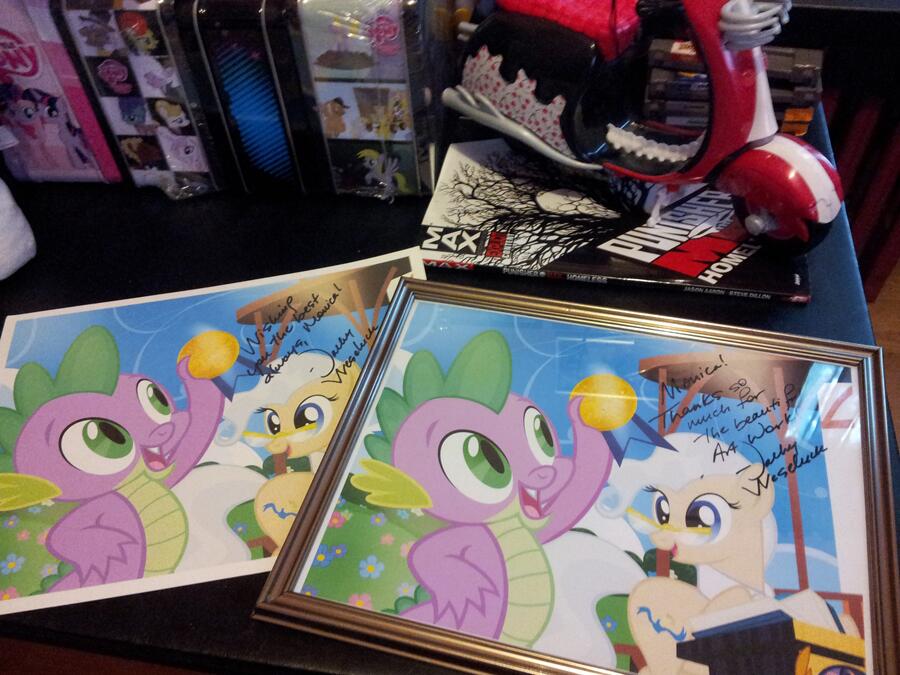 #346385 - safe, artist:pixelkitties, mayor mare, spike, g4, autograph ...