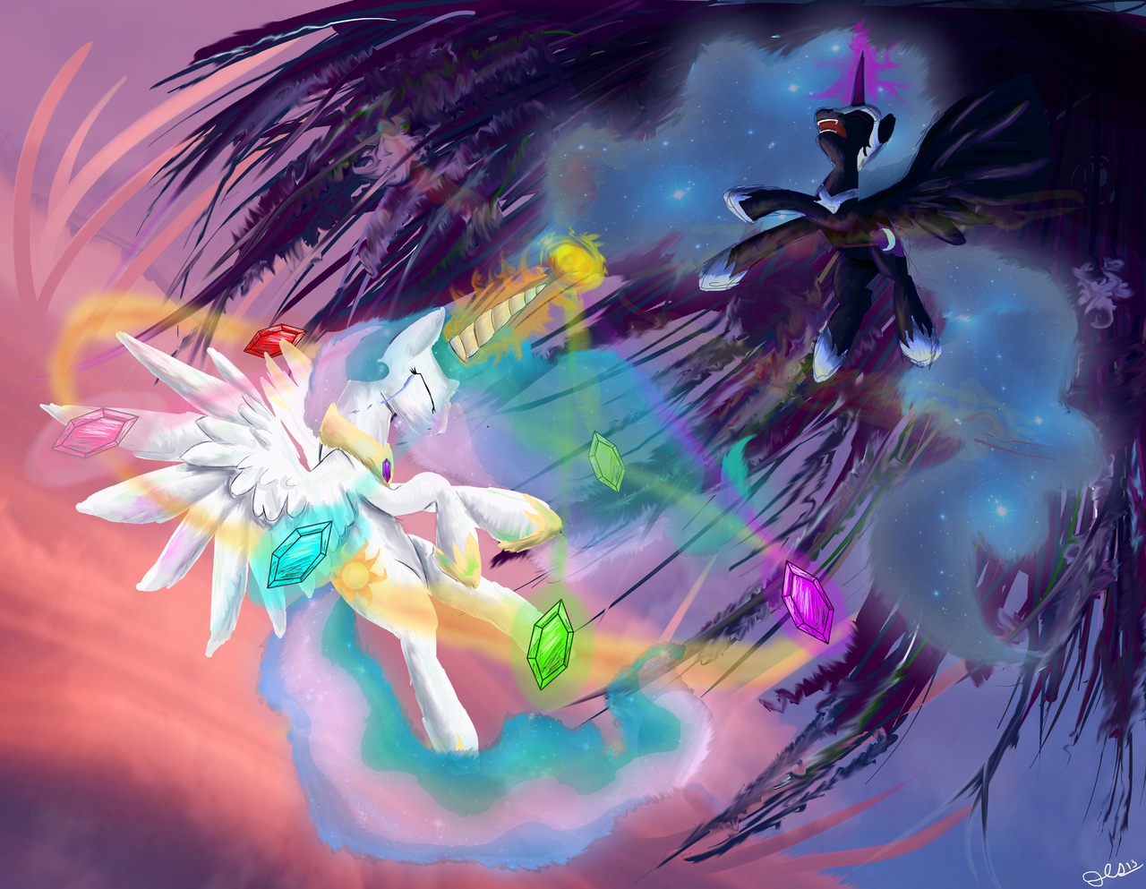 Nightmare Moon And Celestia Fighting