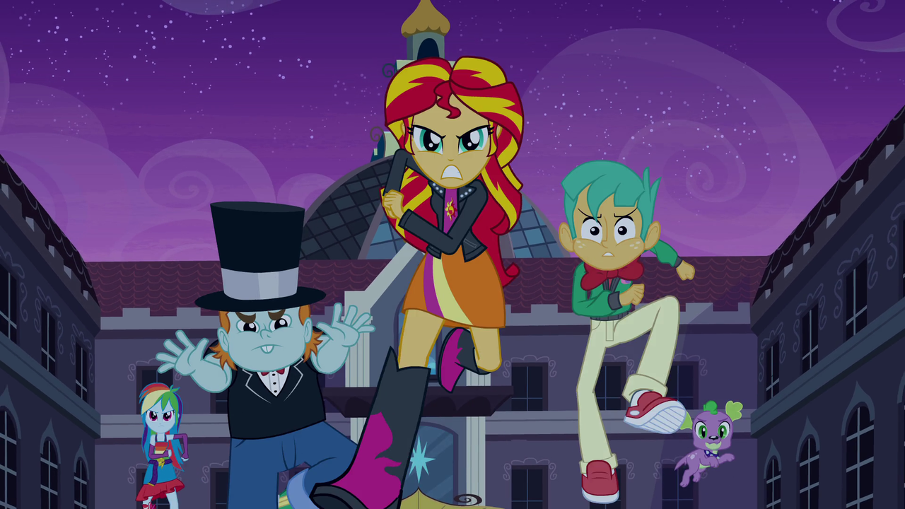 #388253 - safe, rainbow dash, snails, snips, spike, sunset shimmer, dog, equestria girls, g4, my ...