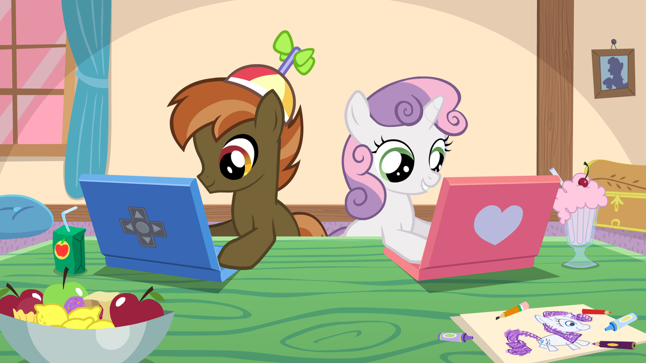 #399162 - safe, artist:jan, button mash, sweetie belle, computer, juice ...