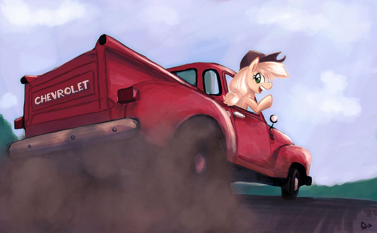 #414510 - safe, artist:sevoohypred, applejack, car, chevrolet, driving ...