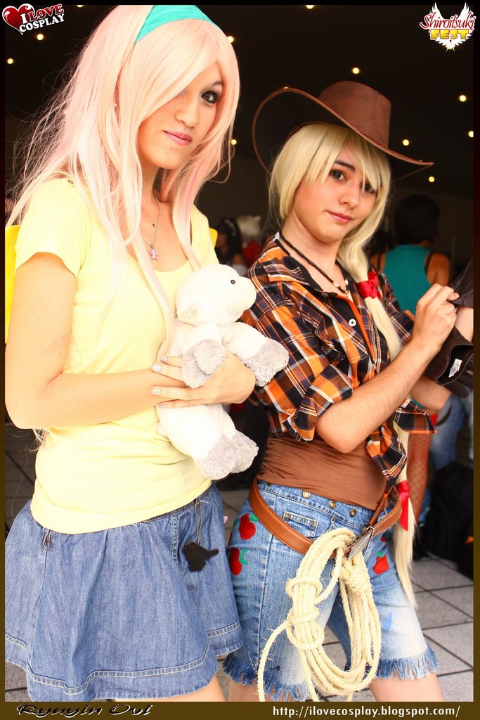 #424088 - safe, artist:concessit, applejack, fluttershy, human, cosplay ...