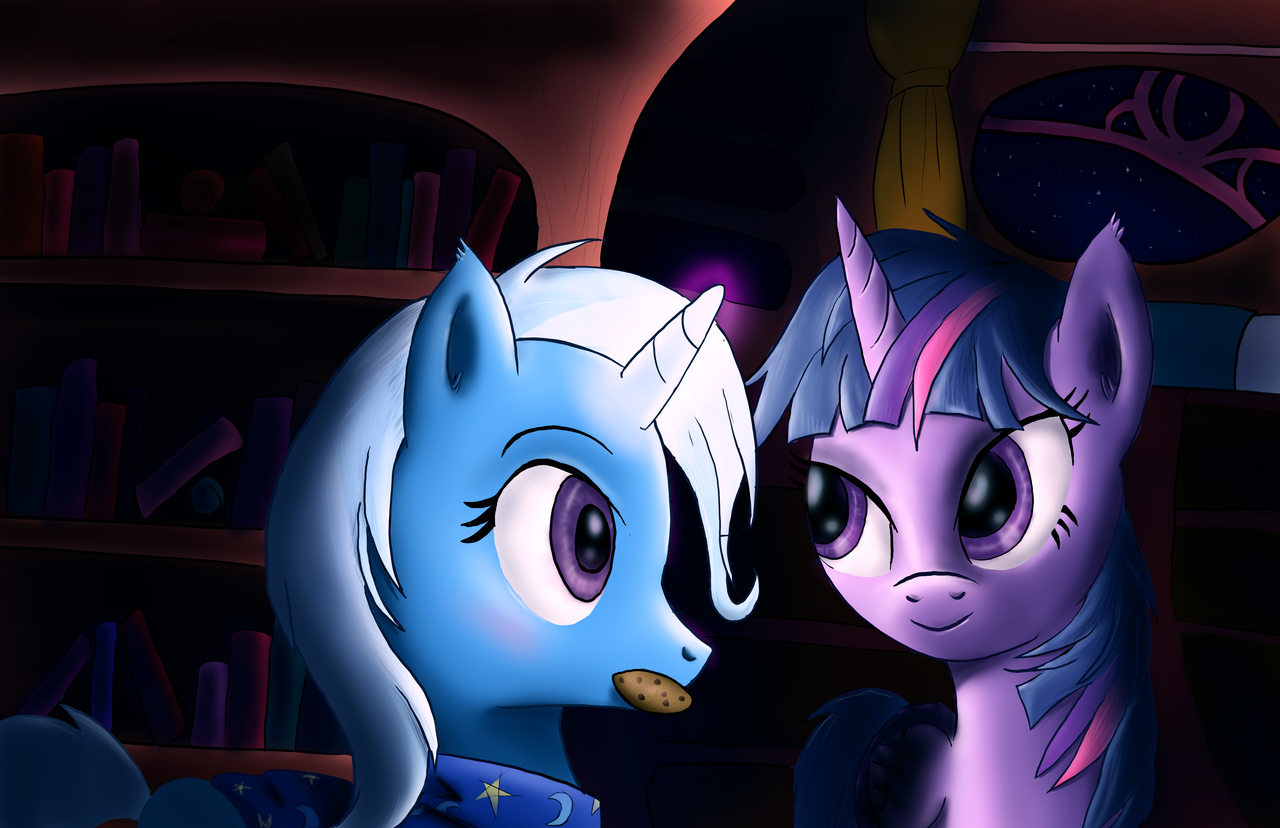 #522609 - safe, artist:fox-moonglow, trixie, twilight sparkle, alicorn, pony, g4, clothes ...