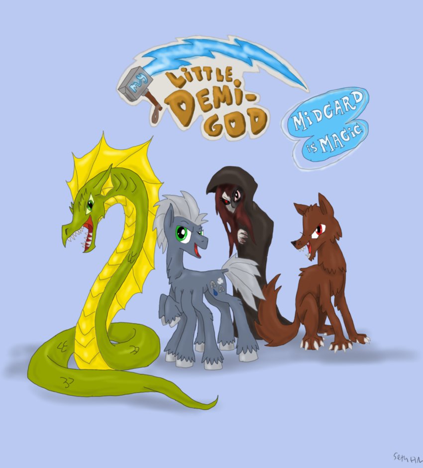 #522815 - safe, artist:sethhm, pony, sea serpent, wolf, blue background ...