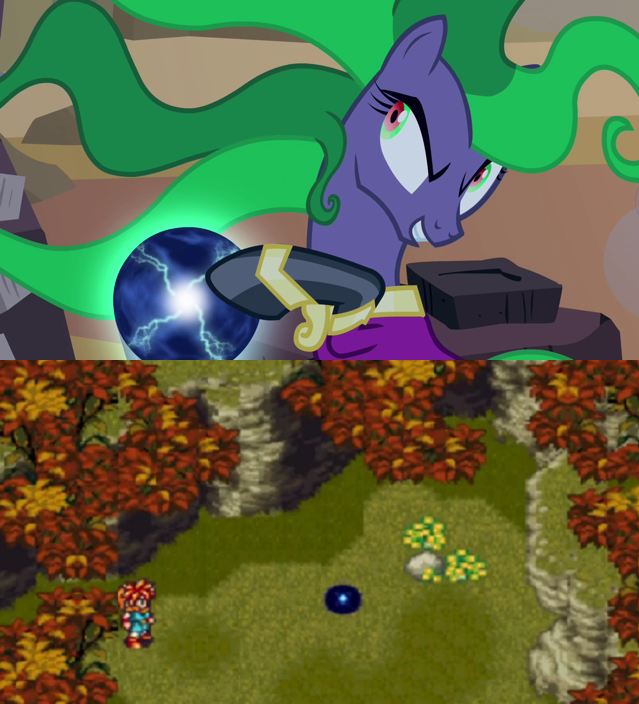 #519580 - safe, mane-iac, g4, chrono trigger, crono, electro orb, time gate - Derpibooru