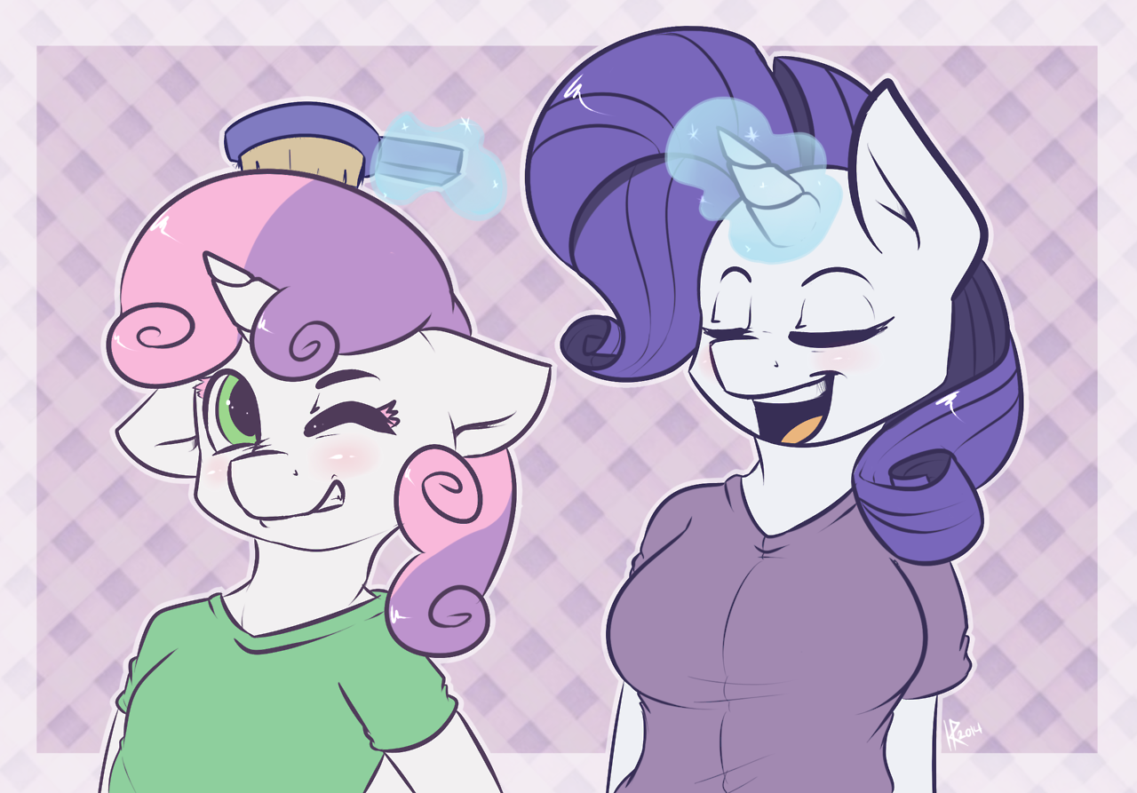 #739957 - safe, artist:komdog, rarity, sweetie belle, anthro, g4, brush ...