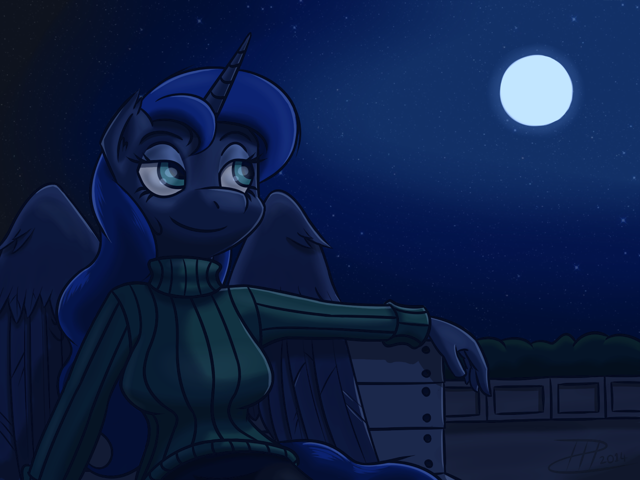 #740238 - safe, artist:firefoxproject, princess luna, anthro, bench ...