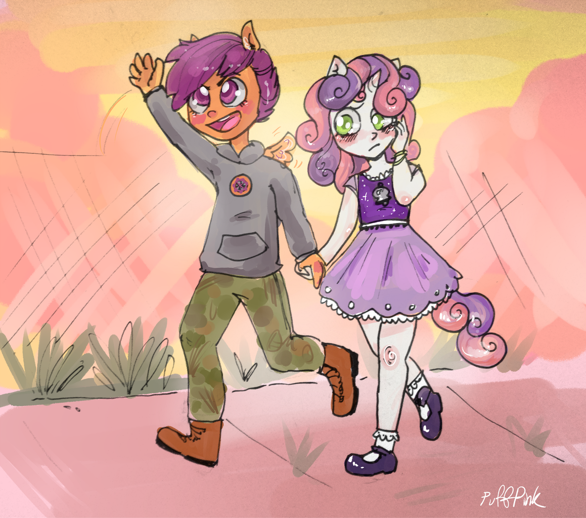 #740553 - safe, artist:puffpink, scootaloo, sweetie belle, g4, female, high res, lesbian, ship ...
