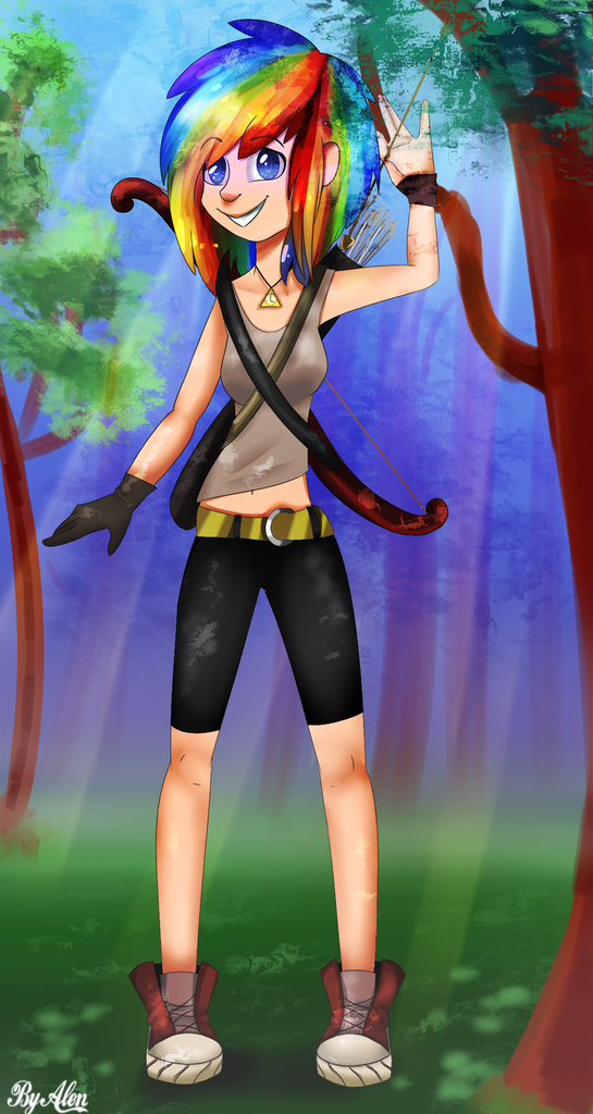 #762872 - safe, artist:gnidagovnida, rainbow dash, human, g4, archer dash, arrow, bow (weapon ...