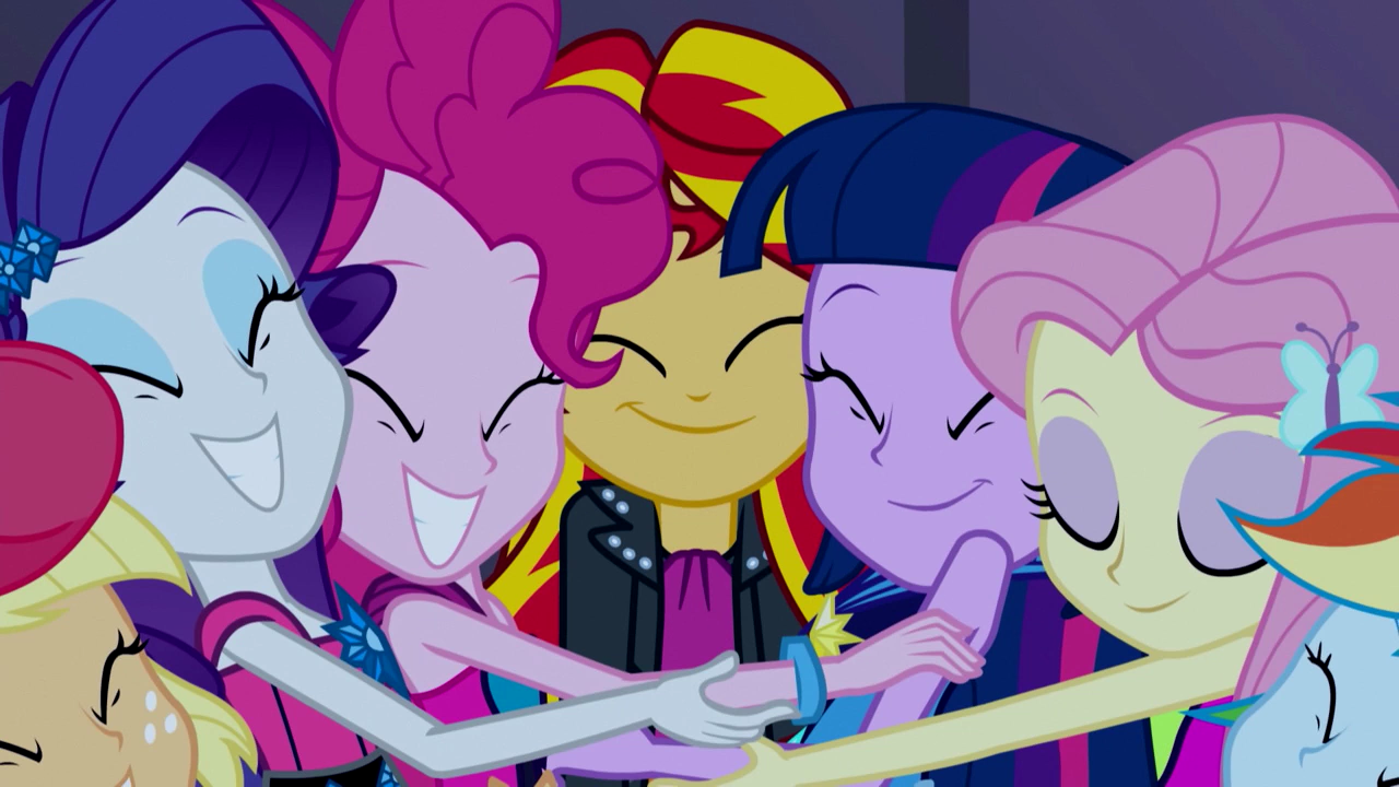 #758057 - safe, screencap, applejack, fluttershy, pinkie pie, rainbow dash, rarity, sunset ...