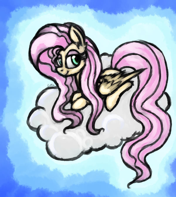 #785527 - safe, artist:littie-raven, fluttershy, g4, cloud, female, solo - Derpibooru