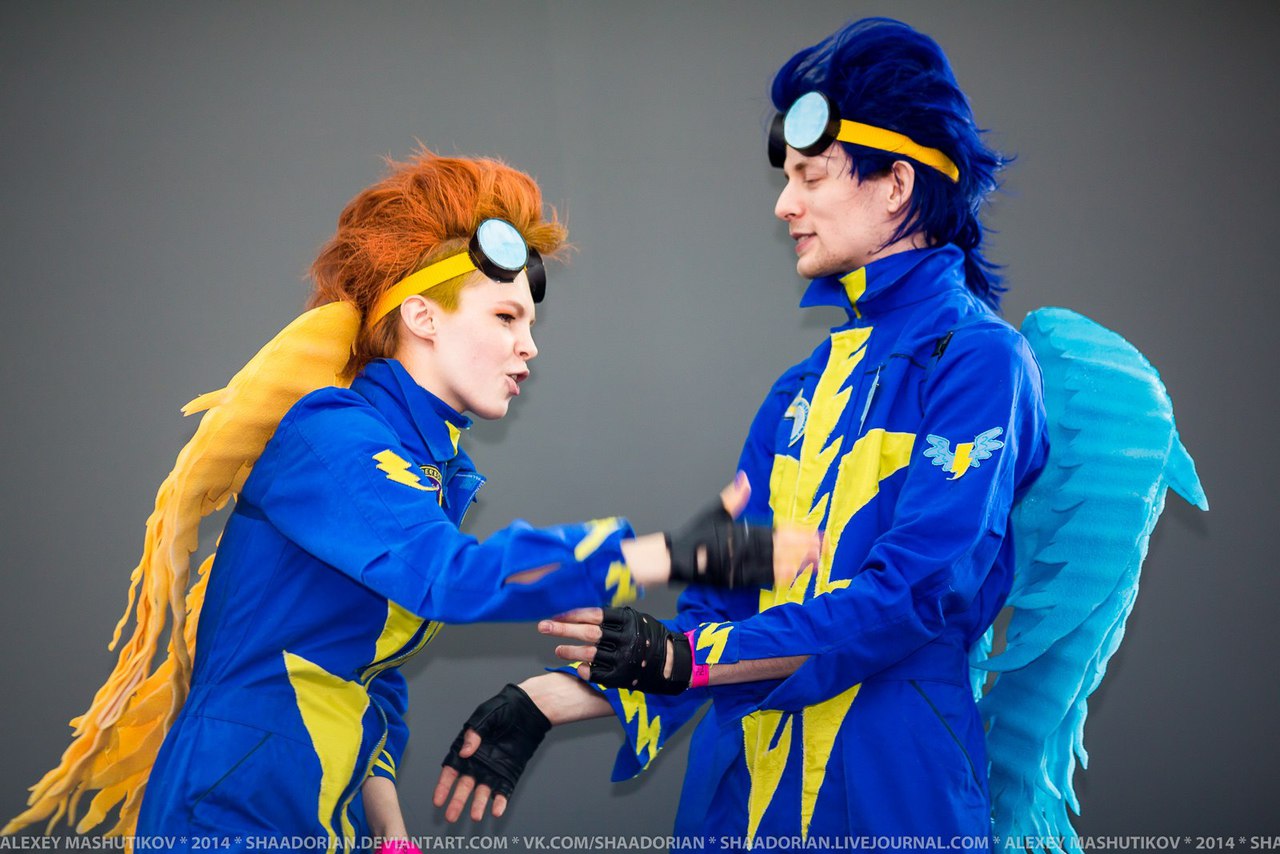 #777034 - safe, artist:dixidana, soarin', spitfire, human, clothes ...