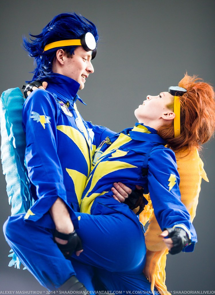 #777679 - safe, artist:dixidana, soarin', spitfire, human, g4, clothes ...