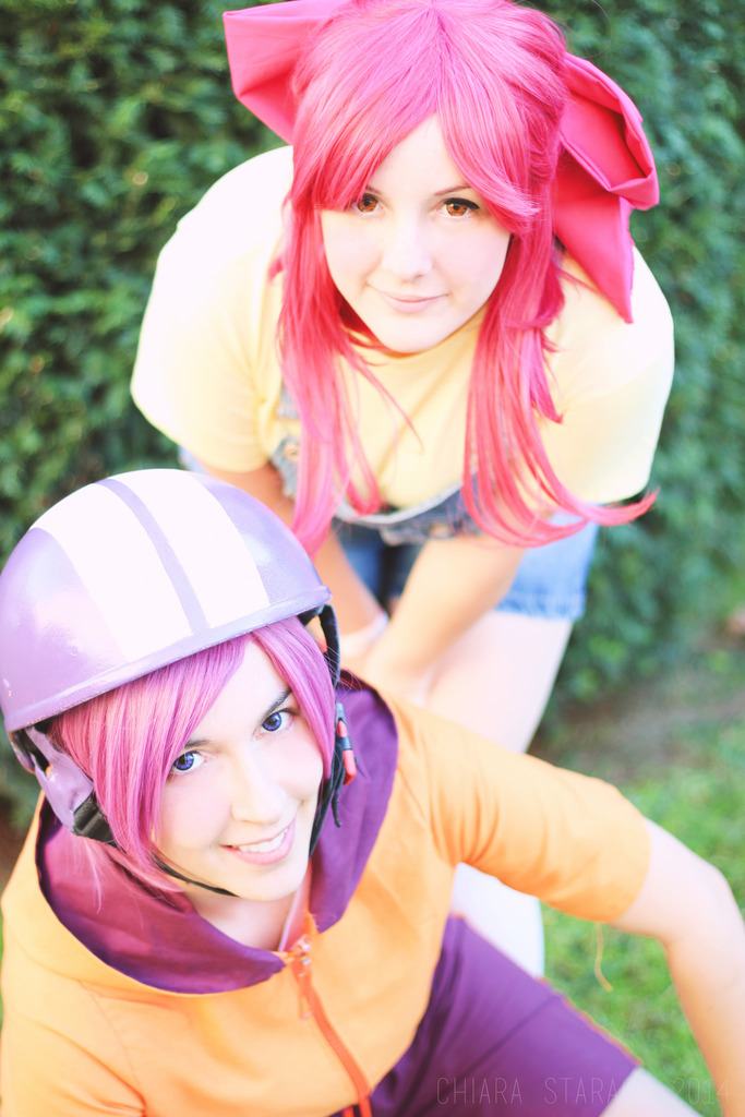 #777726 - safe, apple bloom, scootaloo, human, g4, bow, cosplay, irl ...