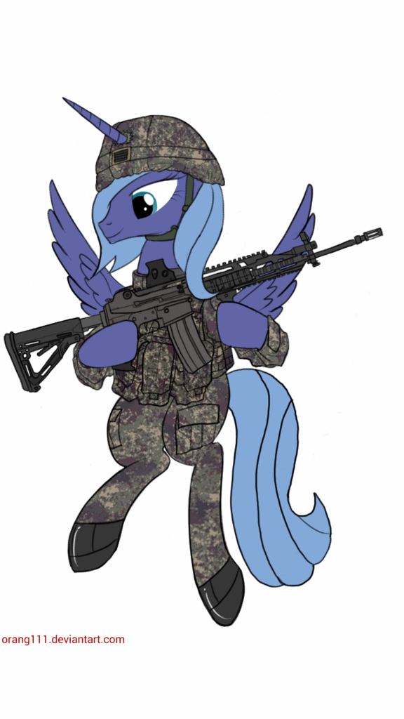 #540410 - safe, artist:orang111, princess luna, g4, army, assault rifle ...