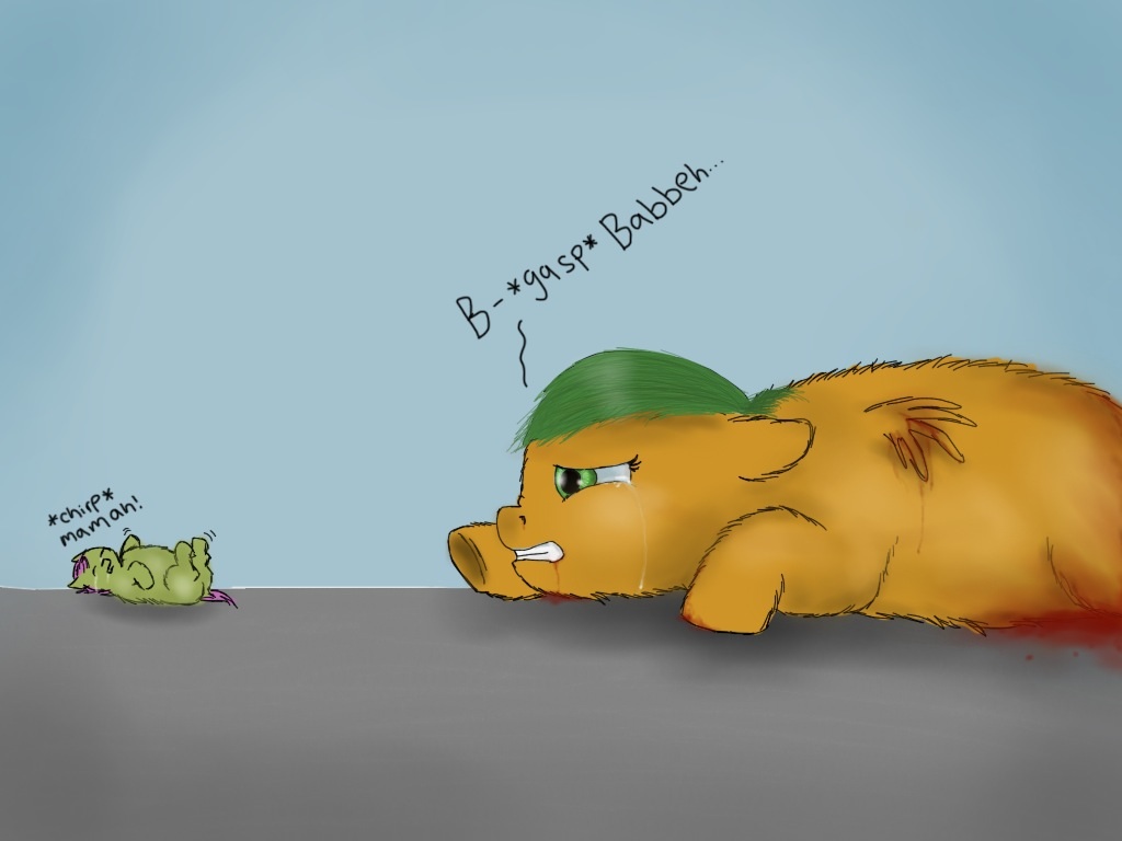 #563255 - grimdark, artist:waggytail, fluffy pony, blood, crying ...