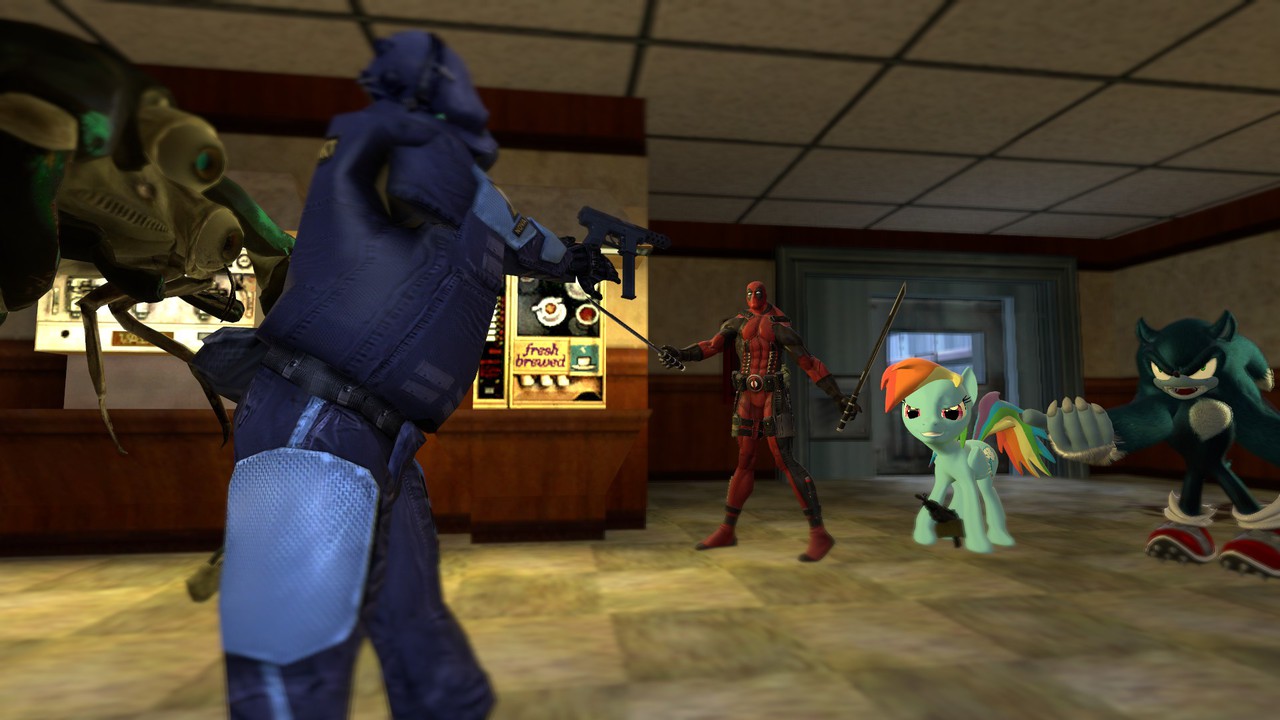 #581402 - safe, rainbow dash, 3d, badass, combine, crossover, deadpool ...