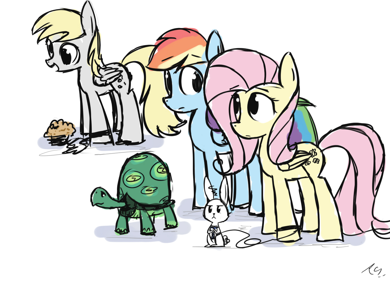 #665494 - safe, artist:taco-slayer, angel bunny, derpy hooves ...