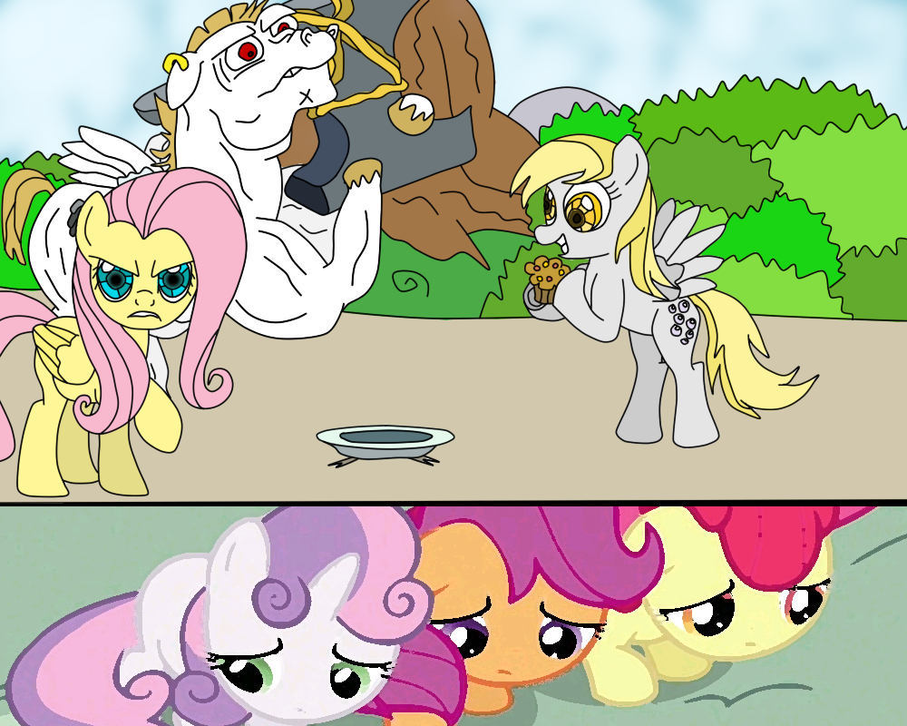 #697069 - safe, artist:princeblueblood, apple bloom, bulk biceps, derpy hooves, fluttershy ...