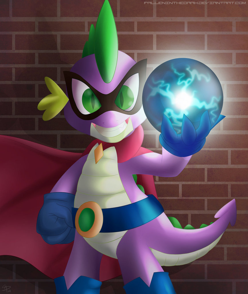 #704063 - safe, artist:falleninthedark, humdrum, spike, power ponies (episode), clothes, costume ...