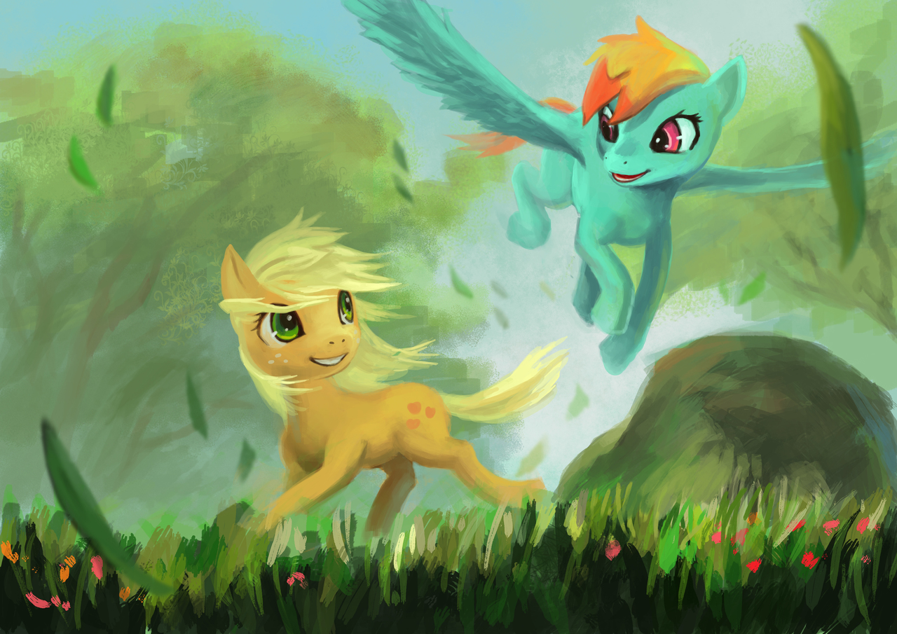 #708810 - safe, artist:tiger-type, applejack, rainbow dash, flying ...