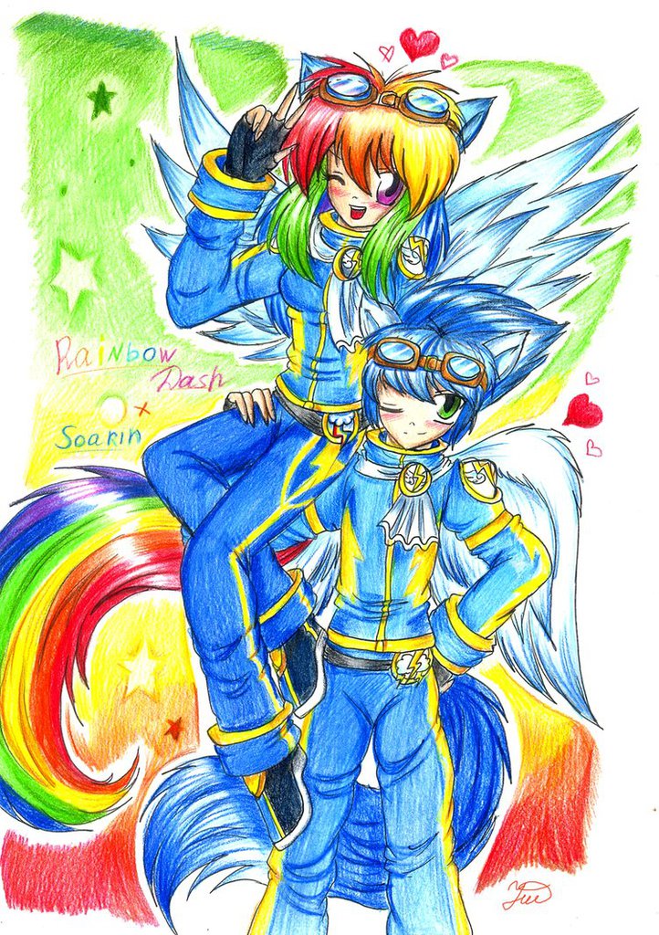 #805204 - safe, artist:yuki-orin, rainbow dash, soarin', human, eared ...