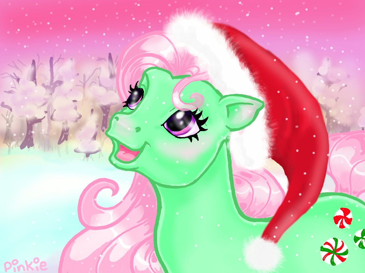 #801254 - safe, artist:pinkieposh, minty, g3, santa hat, snow - Derpibooru