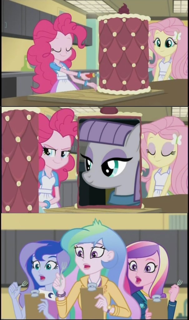 #1010079 - safe, edit, edited screencap, screencap, dean cadance, fluttershy, maud pie, pinkie ...